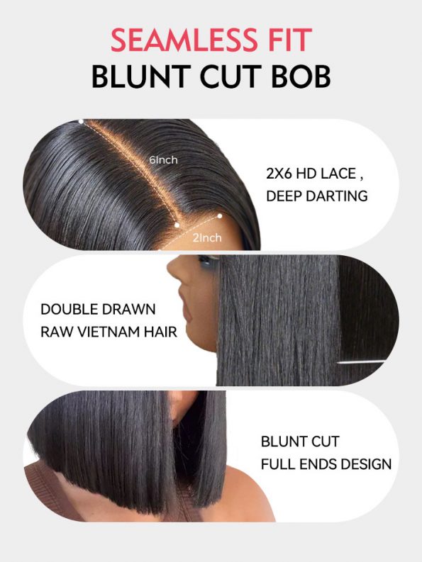 Blunt Cut Sleek Straight Bob Wig 2×6 Inch Deep Part Realistic Lace ...